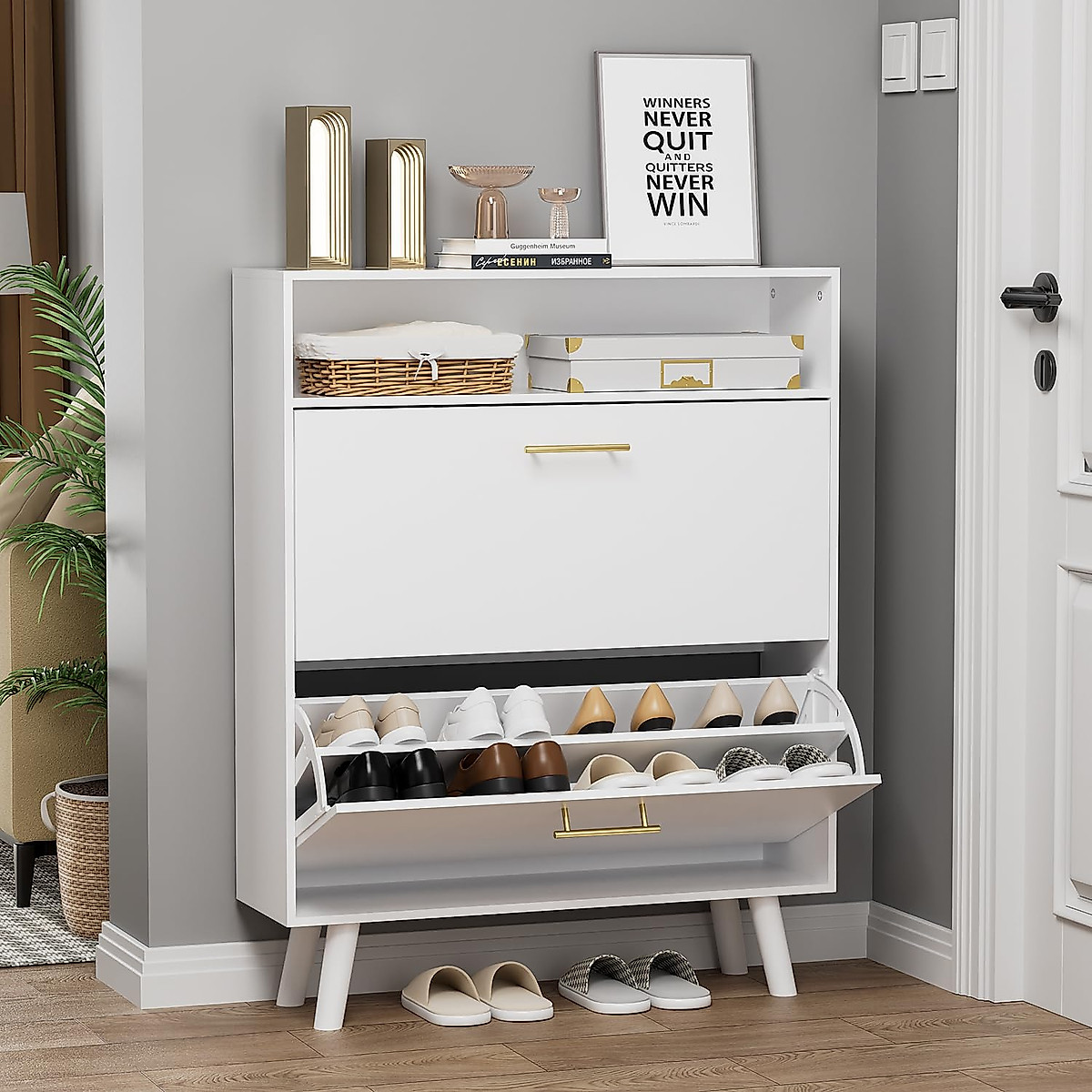 HOUROM Shoe Cabinet for Entryway, White Slim Shoe Cabinet Storage with 2 Flip Drawers, 2 Tier Freestanding Shoe Organizer for Entryway, Hallway, Living Room