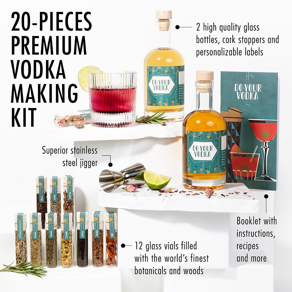 DO Your Vodka | DIY Infusion & Cocktail Kit | 12 Botanicals, 2 Glass Bottles, Recipe Guide | Gift for Men & Women | Holiday, Christmas, Birthday | Great for Home Bartenders & Cocktail Lovers