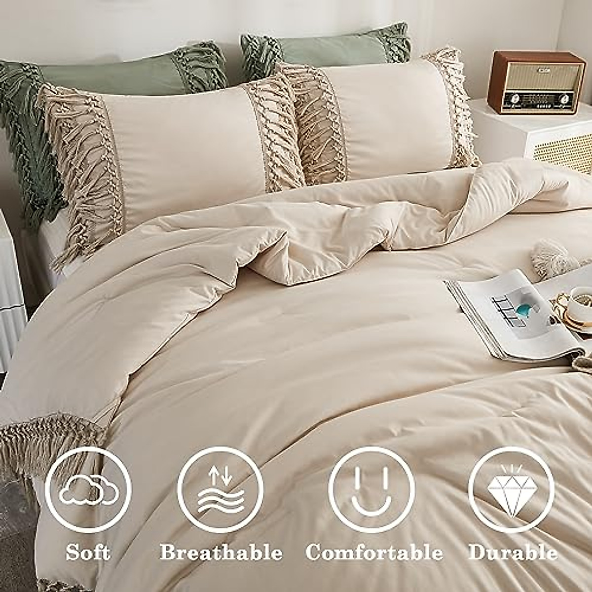 Andency King Size Comforter Set Beige, 3 Pieces Boho Tassel Lightweight Soft Bedding Comforter Sets for King Bed, All Season Fluffy Bed Set (104x90In Comforter & 2 Pillowcases)