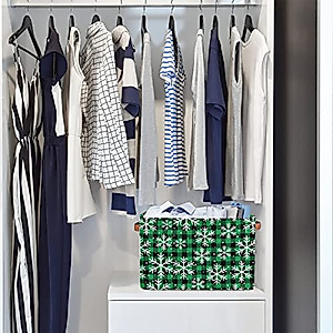 Christmas Buffalo Plaid Collapsible Cube Storage Basket BinS, Check Snow Large Foldable Toys Decorative Organizers With Handles For Closet Shelf Office Cabinet Bedroom Playroom