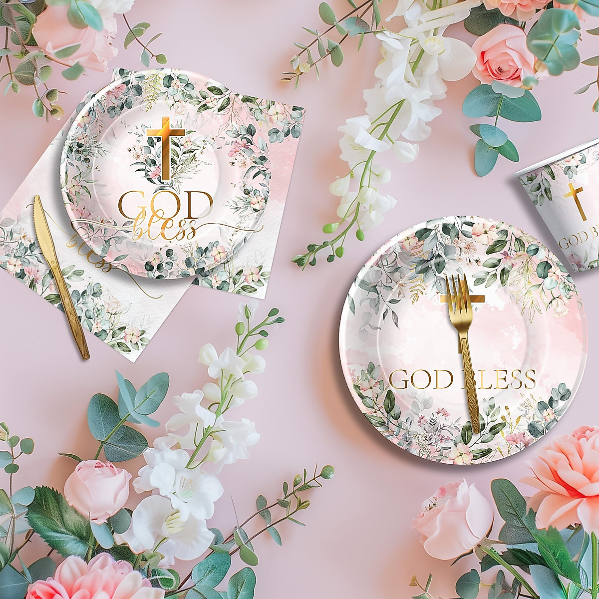 Suhelkit God Bless Baptism Decorations Tableware Girl - First Communion Decorations Supplies, Plate, Cup, Napkin, Fork, Baptism Plates And Napkins Set For Christening Baby Shower Religious | Serve 24