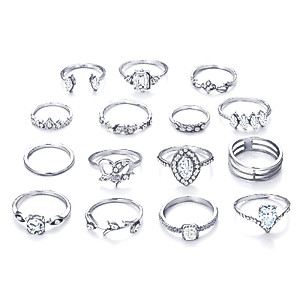 15pcs Vintage Star & Moon Knuckler Ring Silver Joint Knuckle Ring Set for Women and Girls, Midi Ring Bohemian Knuckle Ring Sets Fashion Finger Vintage Silver Stackable Rings Knuckle Midi Rings Silver