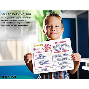 Inkdotpot Dry Erase Practice Worksheet I Know My Address, I Know My Phone Number - Preschool, Kindergarten Laminated Worksheet, Homeschool Activities for Kids with 2 Dry Erase Markers