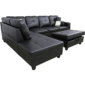 ERYE Faux Leather Corner Sectional Sofa Couch with Chaise and Storage Ottoman, L-Shaped Upholstered Sofa&Couch W/ 2 Pillows for Home Office Apartment Living Room Furniture Sets