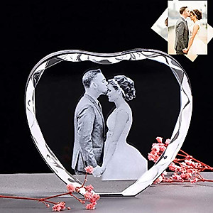 Custom Picture Crystal Heart Shape Couple Photo Frame,Etched Engraved with Picture with Led Light, Personalized Anniversary Wedding Birthday Christmas Gifts for Girlfriend Couples Him Her Wife Women