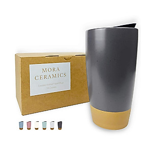 Mora Double Wall Ceramic Coffee Travel Mug with Lid, 14 oz, Portable, Microwave, Dishwasher Safe, Insulated Reusable Tall Cup, Splash Resistant Lid - To Go Tumbler for Car Cup Holder, Nightwaves