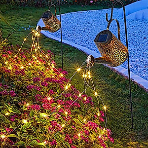 Glintoper 2 Pack Outdoor Solar Watering Can Garden Lights, Metal Waterfall Figurine Lights with Shepherd Hook, Decorative Yard Art for Mom, Mothers Day Ideal Gifts, for Patio Walkway Pathway Lawn