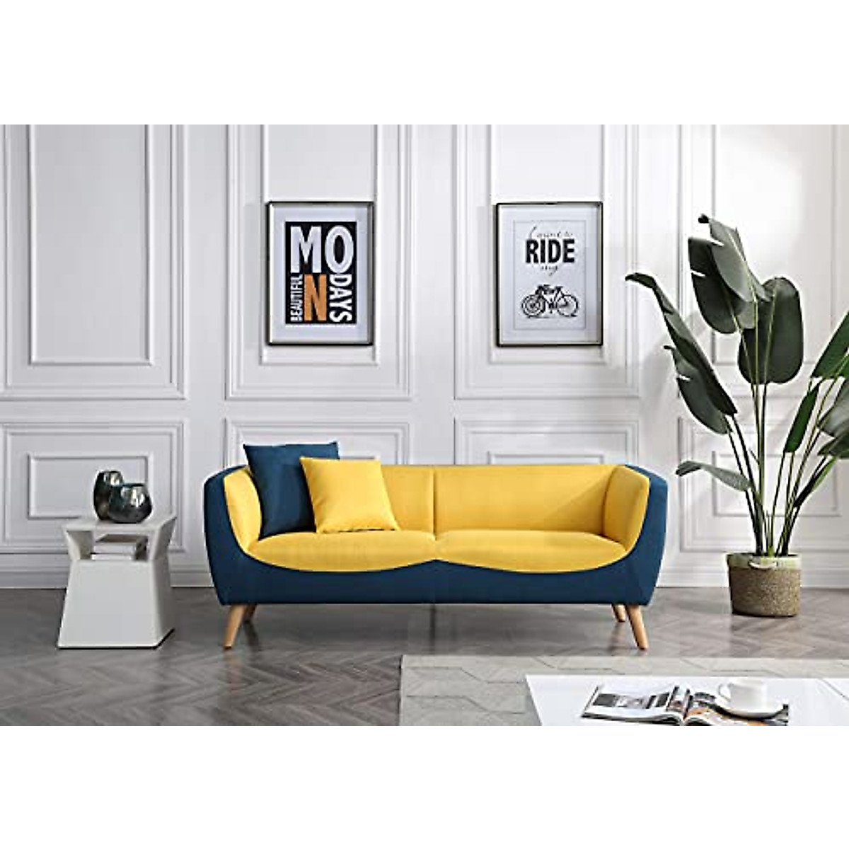 Greatime Linen Fabric Upholstery Modern Design Loveseat with Toss Pillow and Wood Legs