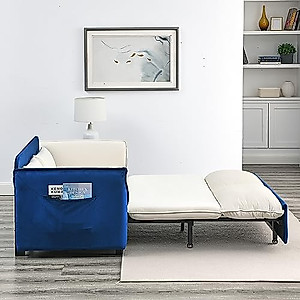 Verfur 3 in 1 Multi-Functional Futon Couch Pull Out Sleep, 2 Seater Convertible Loveseats Sofa with Adjustable Backrest,Comfy Upholstery Sofacama Sofabed, Blue White 57" Velvet w/ 4 Cushions