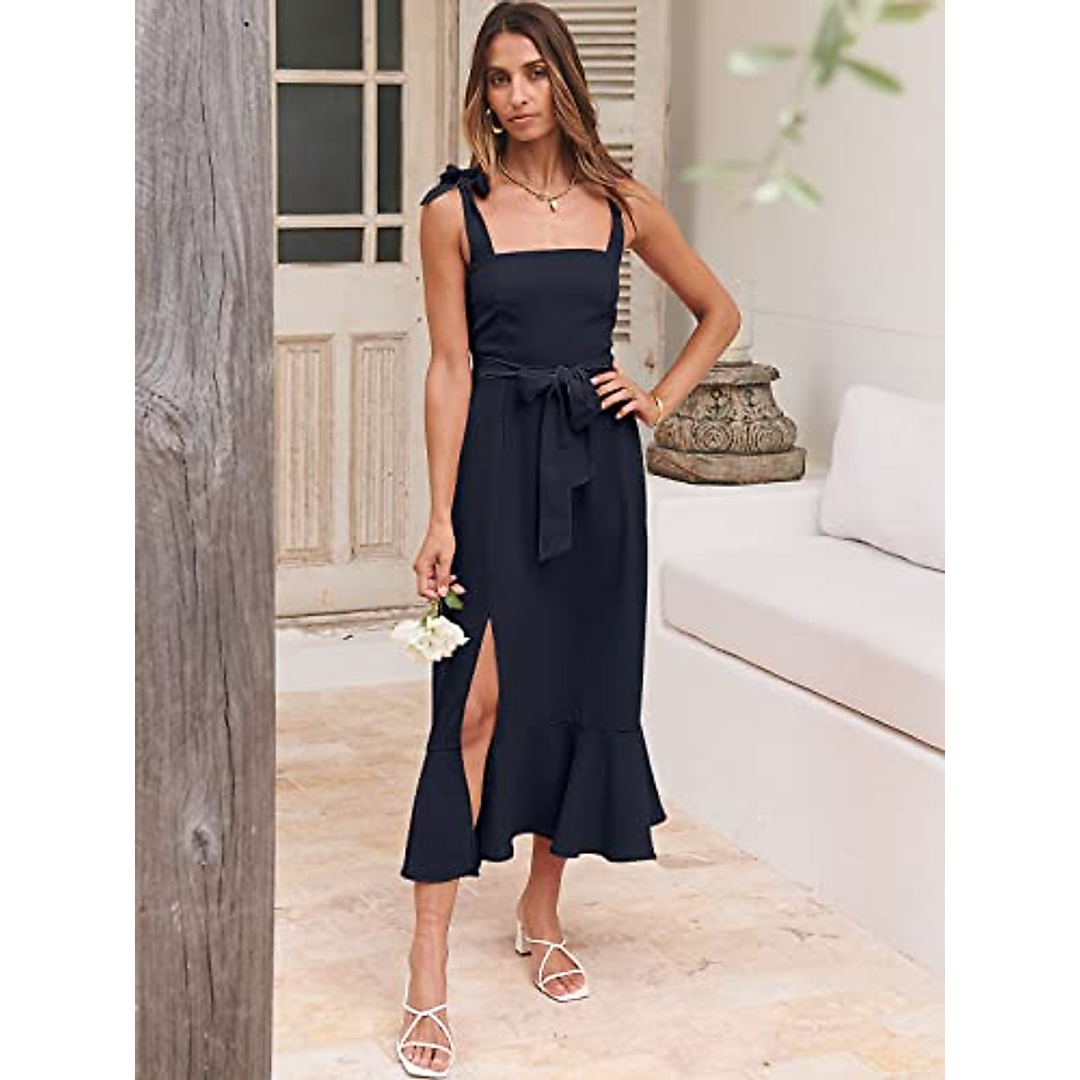 ANRABESS Women's Elegant Bridesmaid Dresses Square Neck Ruffle Split Midi Formal Dress for Wedding Guest Cocktail Party 2023 Gradution Prom Evening Night Dresses 893zanglan-L Navy Blue