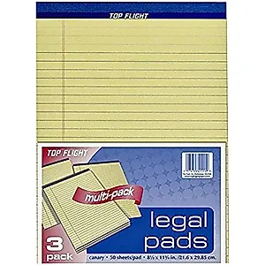 Top Flight Legal Pad, 8.5 x 11.75 Inches, 0.375 Inch Rule, Canary, 50 Sheets per Pad, 3 Pads per Pack (4513108)