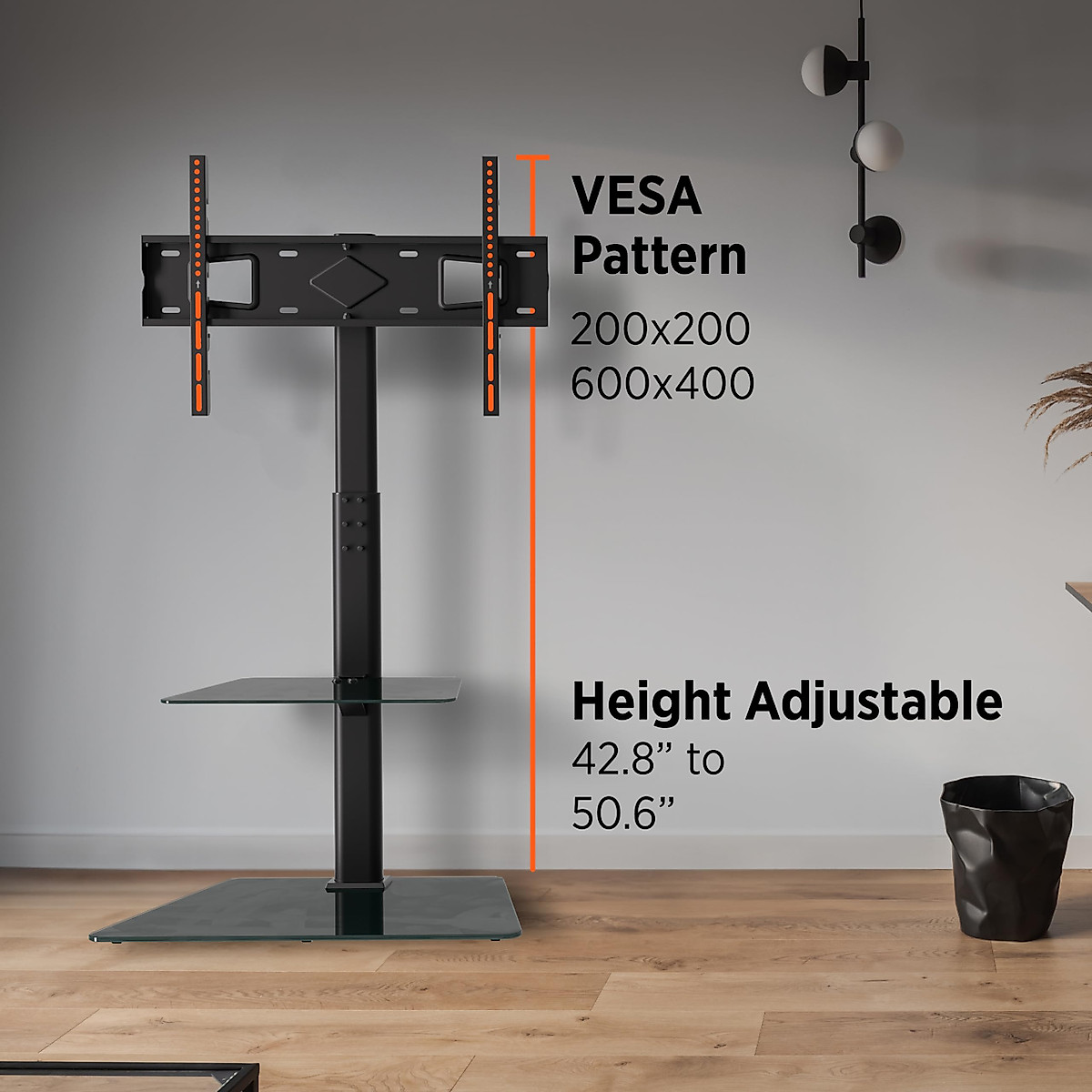 ProMounts Swivel TV Floor Stand for Most 37-72 inch LED LCD OLED Plasma Flat and Curved TV Screens Holds Up to 88 lbs, ±25° Swivel and Height Adjustable with Glass Shelves