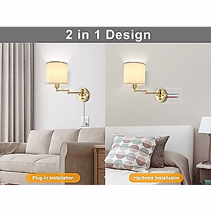 Plug in Wall Sconces with Remote Control, Dimming 10%-100% & Adjustable Colors 2700K-6500K, Hardwire or Plug-in, Swing Arm Wall Lamp with White Fabric Shade, Wall Sconces Set of Two, Gold Finish