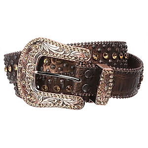 Western Cowgirl Faux Alligator Rhinestone Studded Leather Belt, Brown | 34"