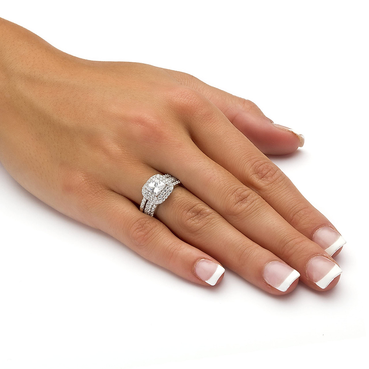 PalmBeach Platinum-plated Sterling Silver Princess Cut Cubic Zirconia Halo 3 Piece Bridal Ring Set Sizes 5-10 Size 7