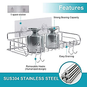GEMITTO Shower Caddy, SUS304 Stainless Steel Self-Adhesive Bathroom Organizer Rack with 2 Stickers+2 Hooks, No Drilling for Shampoo Conditioner Kitchen Spice Storage Silver
