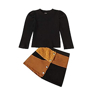 Toddler Baby Girls Leather Skirt Outfits Ribbed Sweater Shirt Tops + PU Leather Dress Fall Clothes Set (Black+Brown, 6-7 Years)