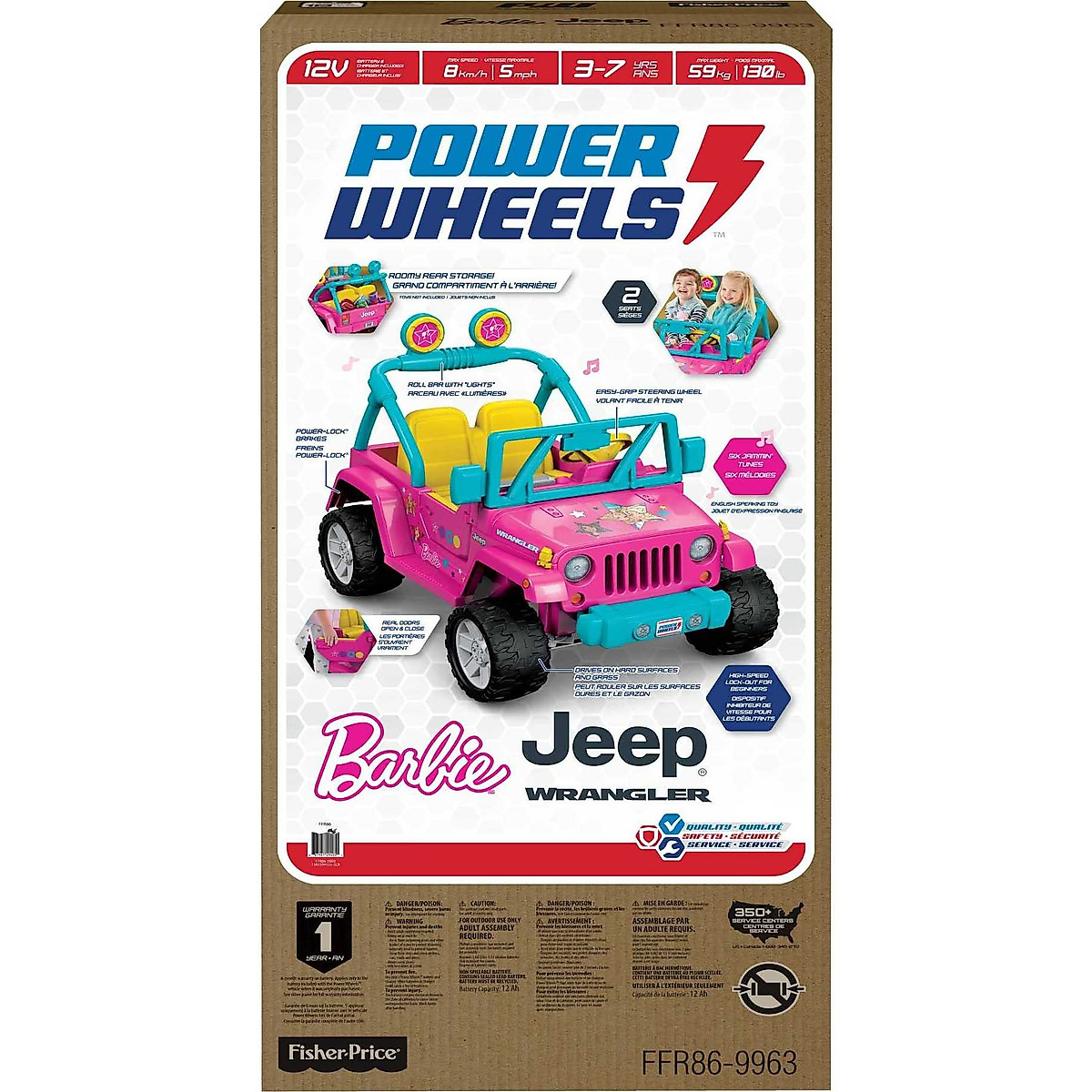 Fisher-Price Power Wheels Battery Powered Barbie Jeep Wrangler Car with Steering Wheel, Music Playing Radio, Roll Bar, and Power Lock Brakes