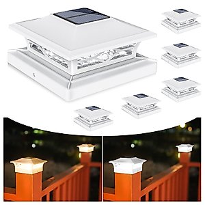 VOLISUN Solar Post Cap Lights,6Pack Outdoor Fence Post Cap Lights, White/Black Solar Powered Deck Lights for Dock Waterproof 2 Color Modes,4x4/6x6 Wooden/Vinyl Posts