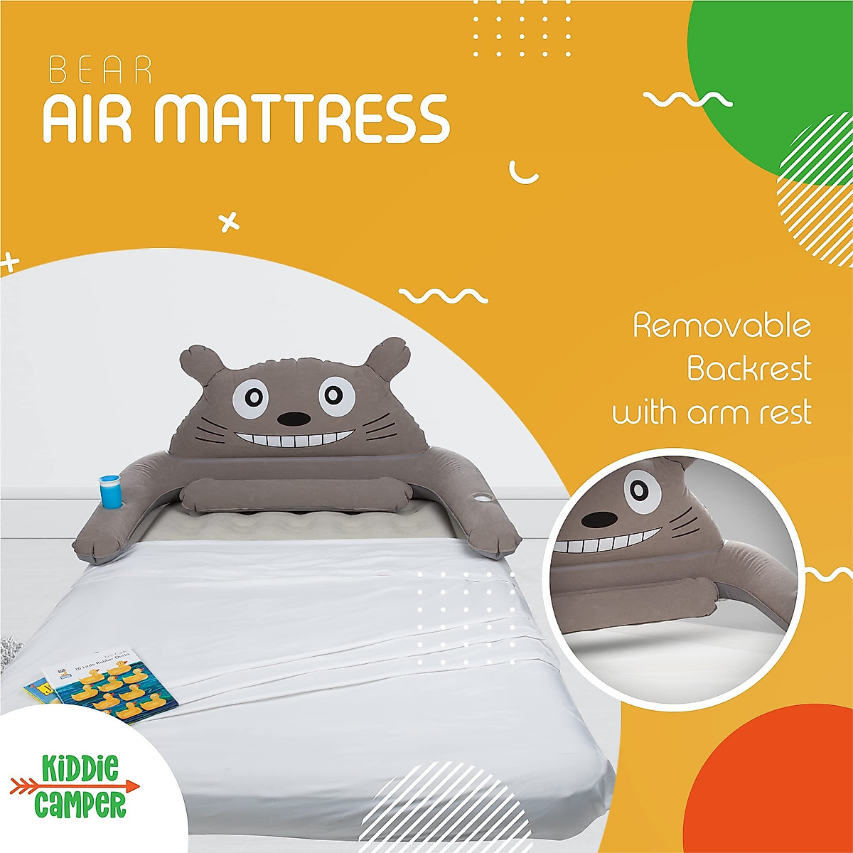 Inflatable Air Mattress Kids Blow Up Bed (Queen Size) – Offers Removable Cartoon Bear Backrest, Cup Holders, Bag, and Electric Pump – Indoor/Outdoor Fun for Travel, Sleepover, Camping, and Movie Night