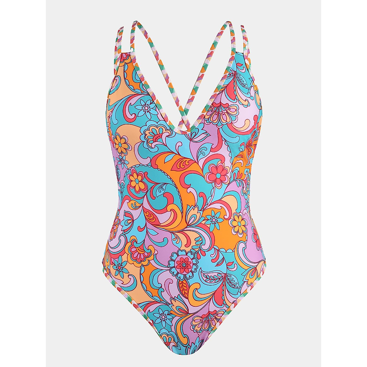 CUPSHE Women's One Piece Swimsuit Bathing Suit Double Strap Back tie Low Cut Boho Paisley Swimwear M