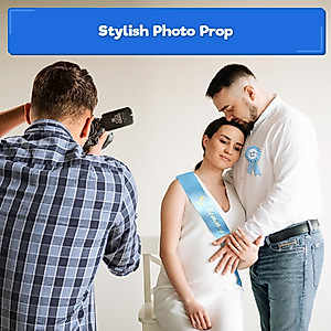 Baby Shower Sash for Mommy - Set of 2 Blue Satin Mommy to Be Sash with Dad to Be Pin, Elegant Glossy Texture with Gold Glitz Letters, Easy to Wear - Lightweight and Durable Baby Shower Decorations Boy