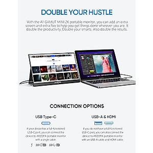 ARZOPA Portable Monitor 2K, 13.3'' HDR Portable Laptop Monitor USB C HDMI External Monitor IPS Eye Care External Display for PC Phone Mac Xbox PS5 Switch-A1 GAMUT MINI 2K