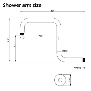 13 Inches S-Shaped Black Shower Arm with Flange High Rise Extender, 13 Inches Long Stainless Steel Rainfall Shower Head Pipe Arm