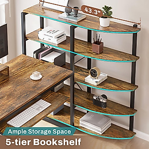 SEDETA L Shaped Computer Desk, 65'' Office Desk with Keyboard Tray & LED Light, L Shaped Desk with Storage Shelves and Monitor Stand for Home Office, L Desk, Rustic Brown