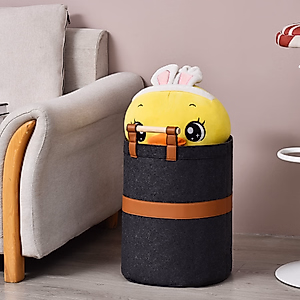 Large Felt Storage Basket with wood handles Perfect for Laundry, Toys, Shoes, Nursery, firewood and Living Room Organization (Round-1pcs)