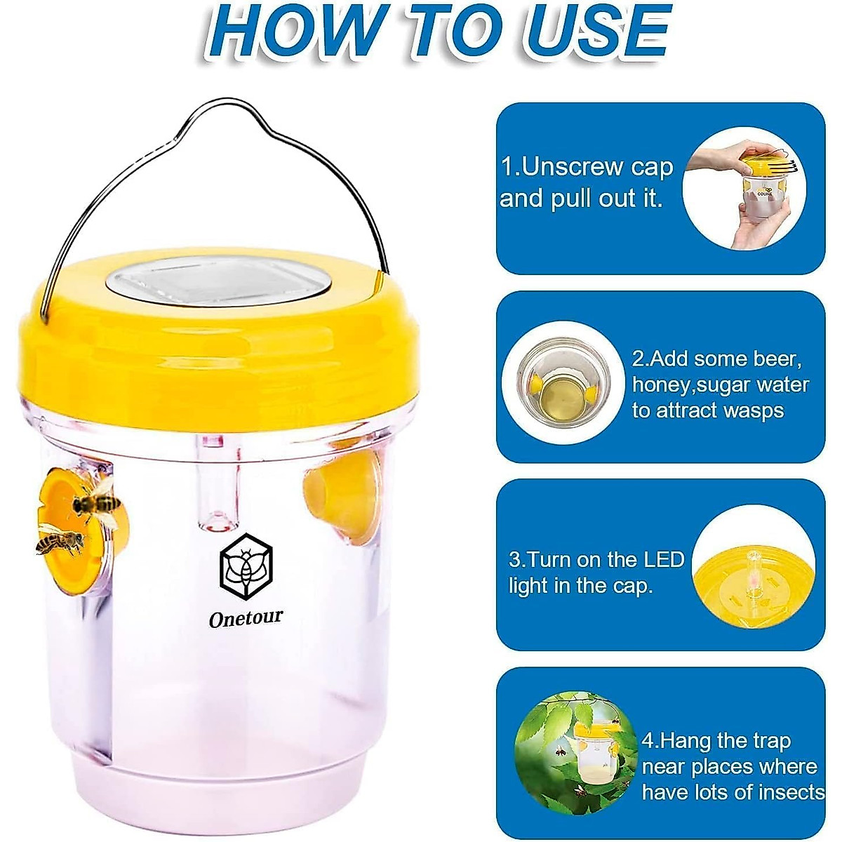outtkitywi 2 Packs Wasp Trap - Solar Powered Bee Trap Outdoor for Yellow Jackets, Hornets and Wasps - Durable Wasp Killer and Bee Killer - Reusable Yellow Jacket Trap and Insect Trap