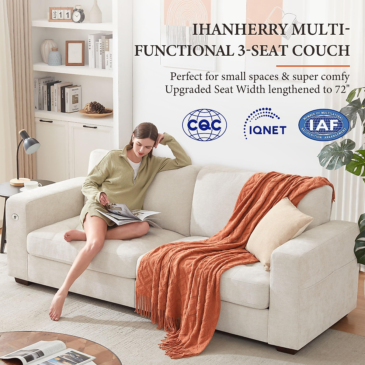 Ihanherry 89" Modern Sofa 3-Seats Couches for Living Room, Chenille Sofas with Extra Large Seat Width & Depth, USB/Type-C Charging Port & Side Pocket, Removable Medium Firm Sofa Cushion(Beige)