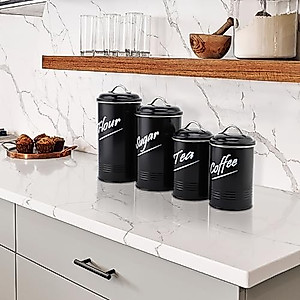 Hillbond Food Storage Canisters Containers for 4, Vintage Kitchen Canisters, Carbon Steel with Powder Coated Coffee Tea Sugar Flour Farmhouse Kitchen Canisters Set of 4(Black)