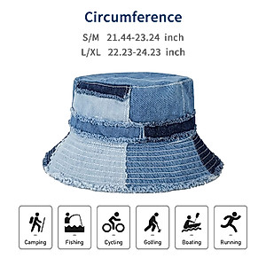 GuanGu Ripped Denim Bucket Hats for Women Washed Packable Summer Beach Sun Hats Mens Bucket Hat for Travel(Classic Denim L/XL)