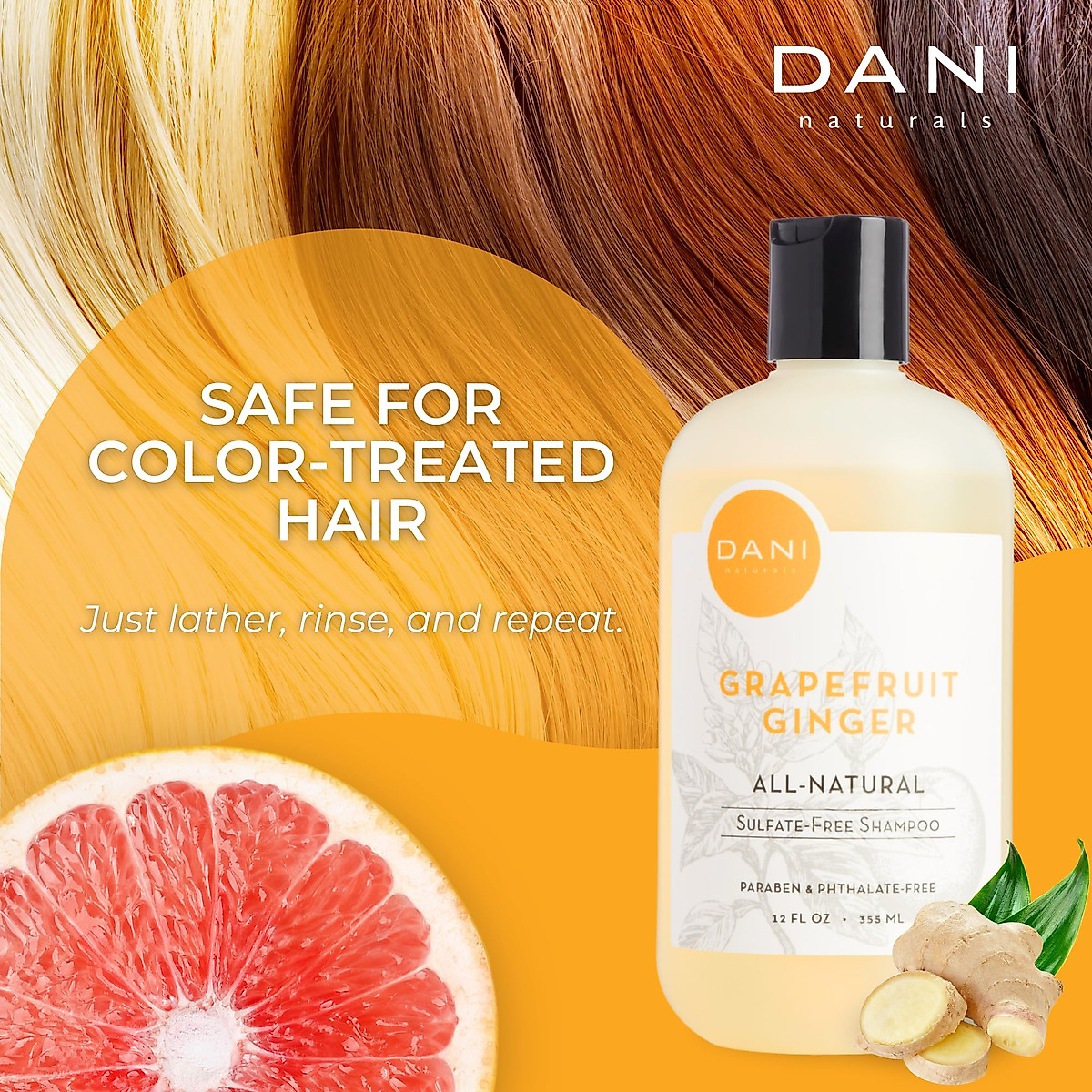 DANI Natural Moisturizing Shampoo Naturals - Invigorating Grapefruit Ginger Scent - Organic Aloe Vera & Coconut Cleansers - Sulfate, Phthalate & Paraben Free - For Men & Women - 12 Ounces