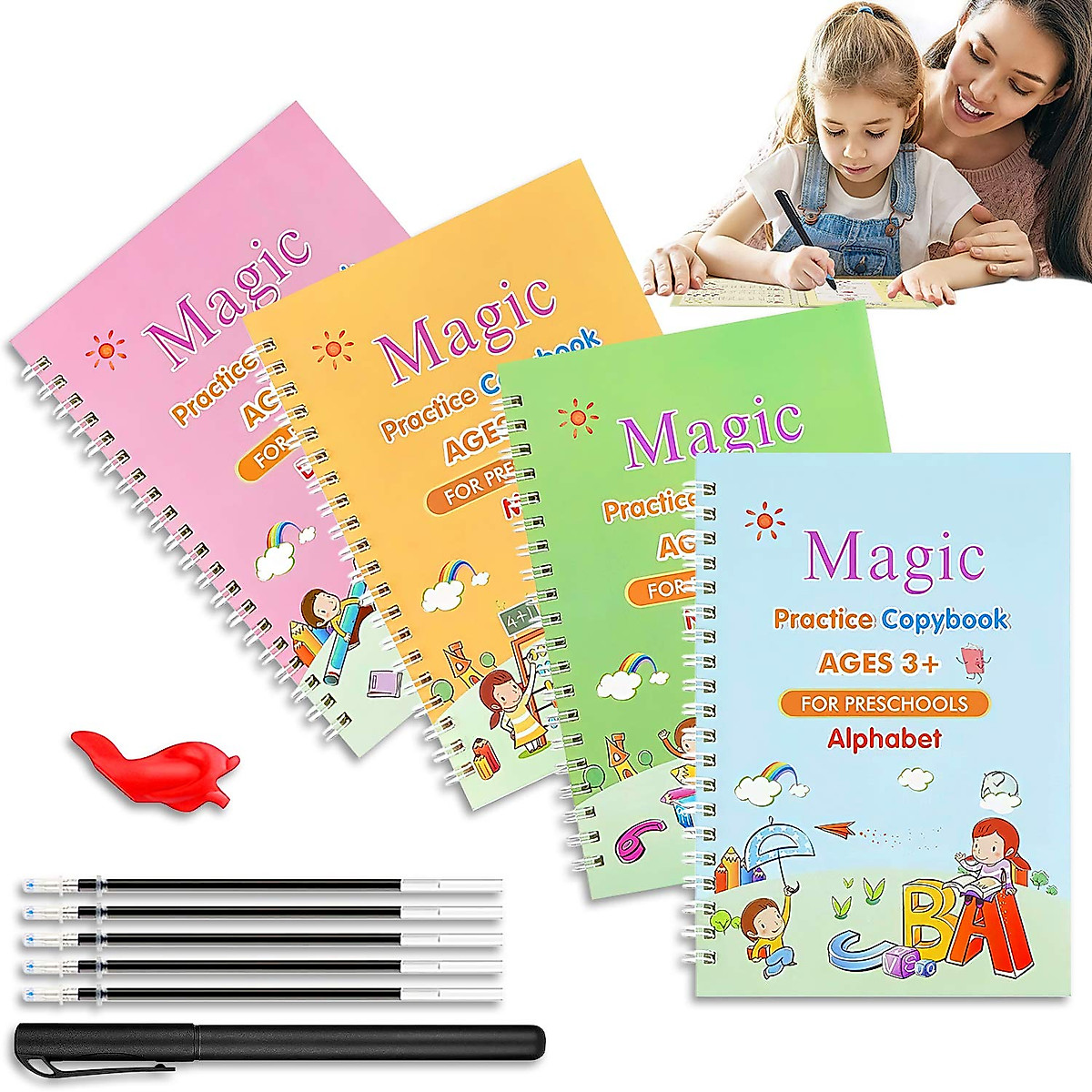 RYZ Magic Practice Copybook for Kids, Magic Calligraphy That Can Be Reused,Magical Handwriting Workbooks Practice Copybook for Preschoolers Kindergarten(4Book + Pen Set)