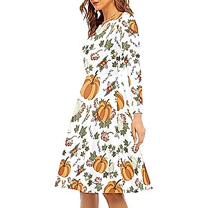 Viewamoon Pumpkins Thanksgiving Dresses for Women 2023 Party Pleated Dress Girl's Long Sleeve Flare Dresses for Dancing Outdoor Office Size XL Puffy Swing Midi Dress for Ladies