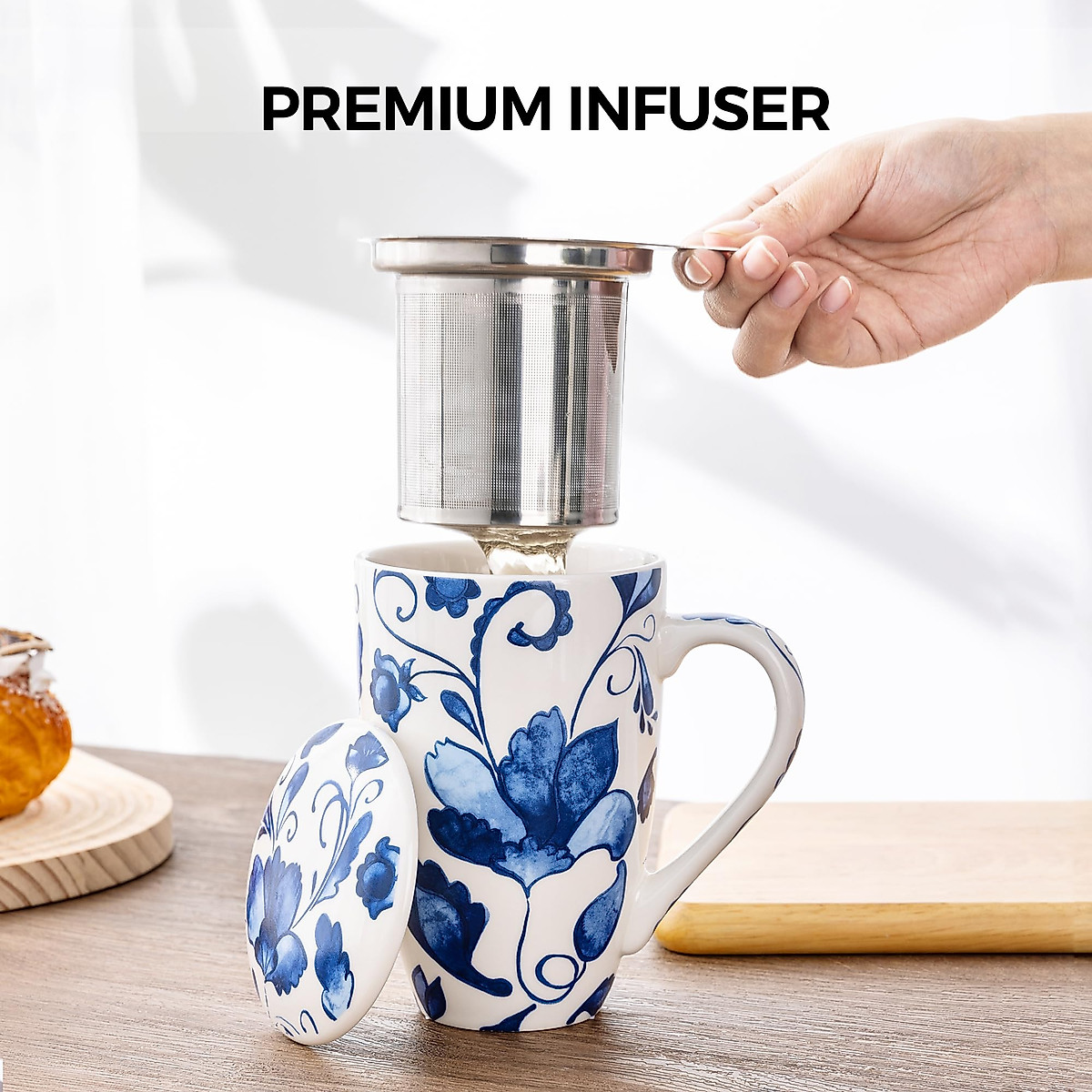GBHOME Tea Mug with Infuser and Lid, 18 Ounce Large Ceramic Loose Leaf Tea Cup, Microwave, Dishwasher Safe Tea Steeping Mug, Pefect Gift For Tea Lover.
