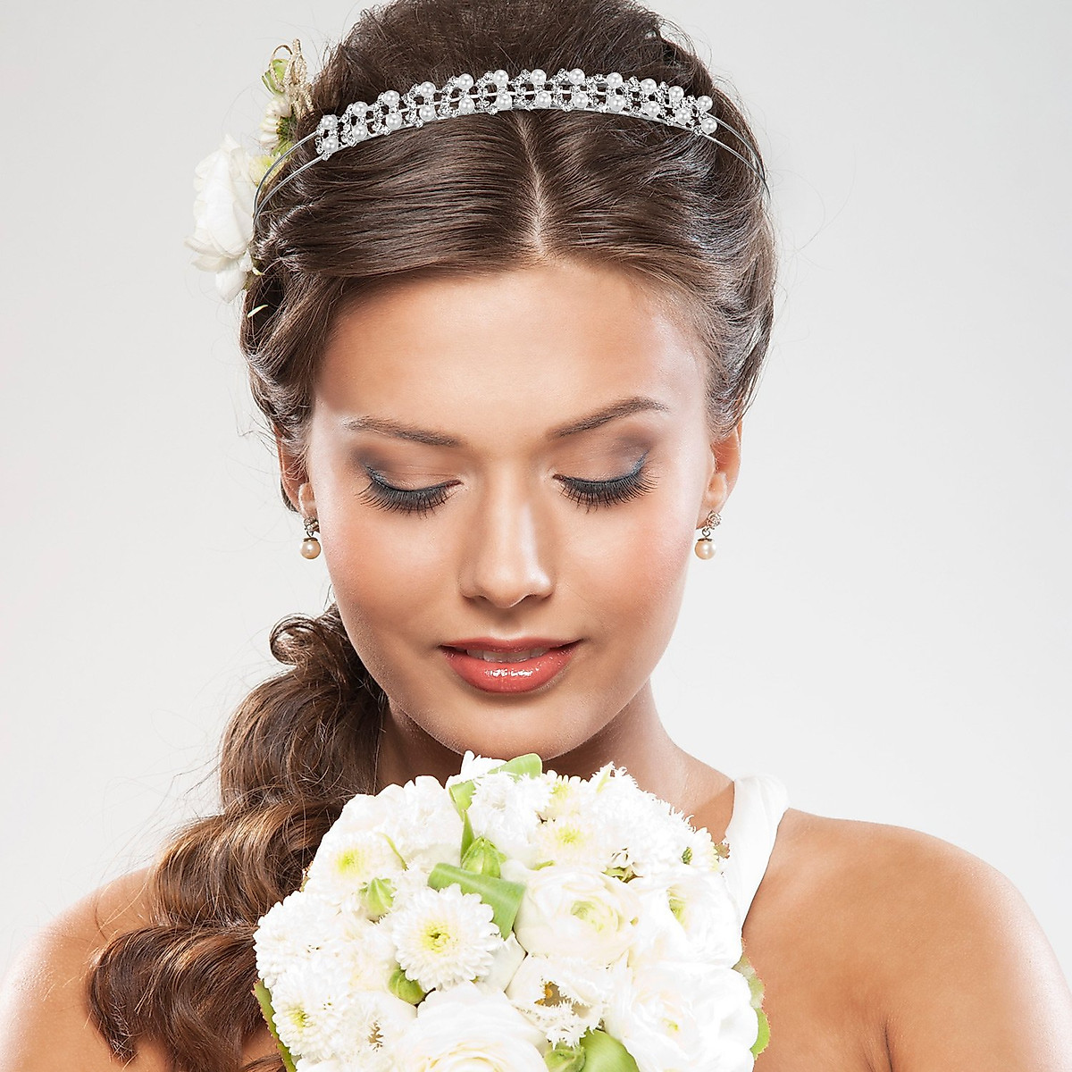 Tatuo 6 Pieces Bride Bridesmaids Crystal Flower and Leaves Crown Headband and Women's Girl's Faux Pearl Rhinestones Headdress for Wedding Party (Style 1)