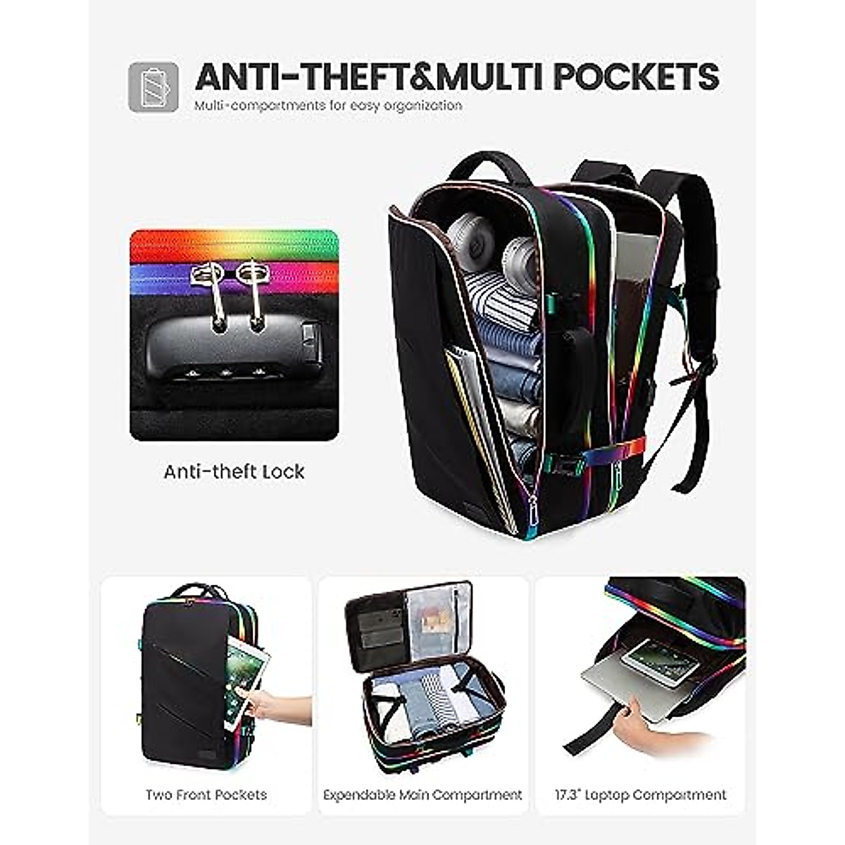 LOVEVOOK Travel Backpack for Men & Women, 40L Carry On Backpack Flight Approved, Expandable Anti-Theft Waterproof Backpack, Personal Item Bag with Laptop Compartment, USB Port, Black