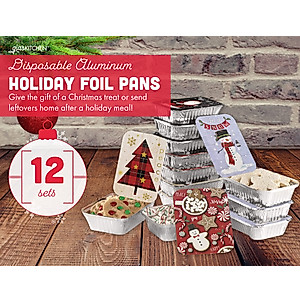 Gia's Kitchen Aluminum Pans with Lids, Set of 12 Christmas Tins - Heavy Duty Foil Pans with Lids, Ideal for Leftovers, Holiday Cookie Gifts - Assorted Traditional Foil, Rectangular (24 Piece Set)
