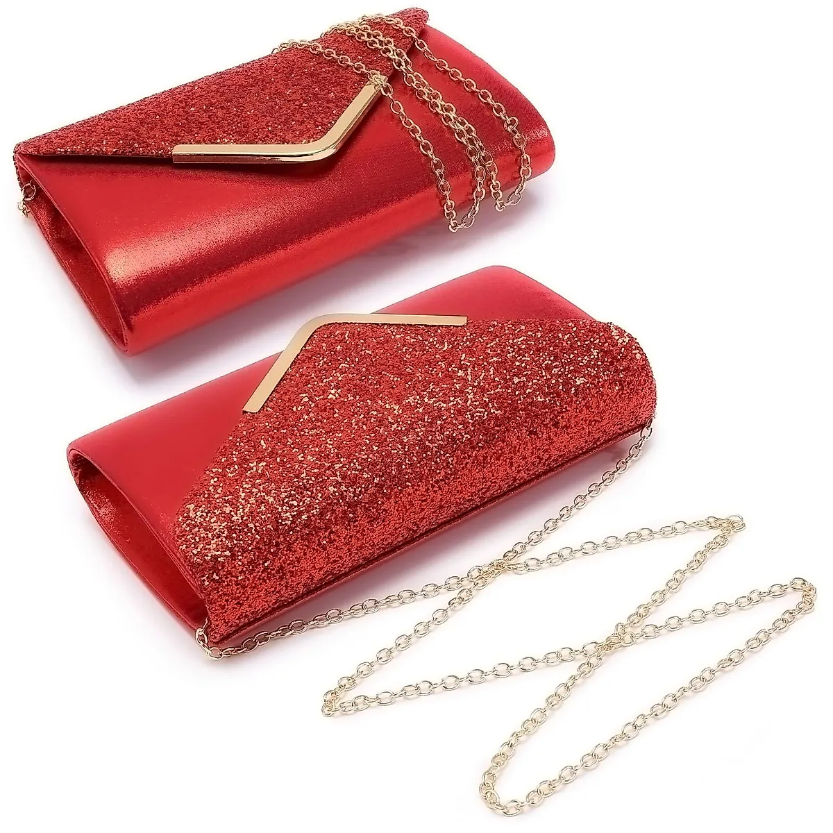 Dasein Women Evening Bags Formal Clutch Purses for Wedding Party Prom Handbags with Shoulder Strap and Glitter Flap (Red)