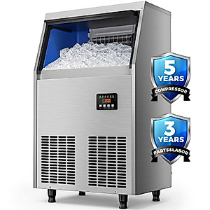 Coolski Commercial Ice Maker Machine, 100LBS/24H Stainless Steel Under Counter Ice Maker with 34LBS Ice Bin, Freestanding Ice Maker for Restaurant, Home, Bar, Office, School, Party