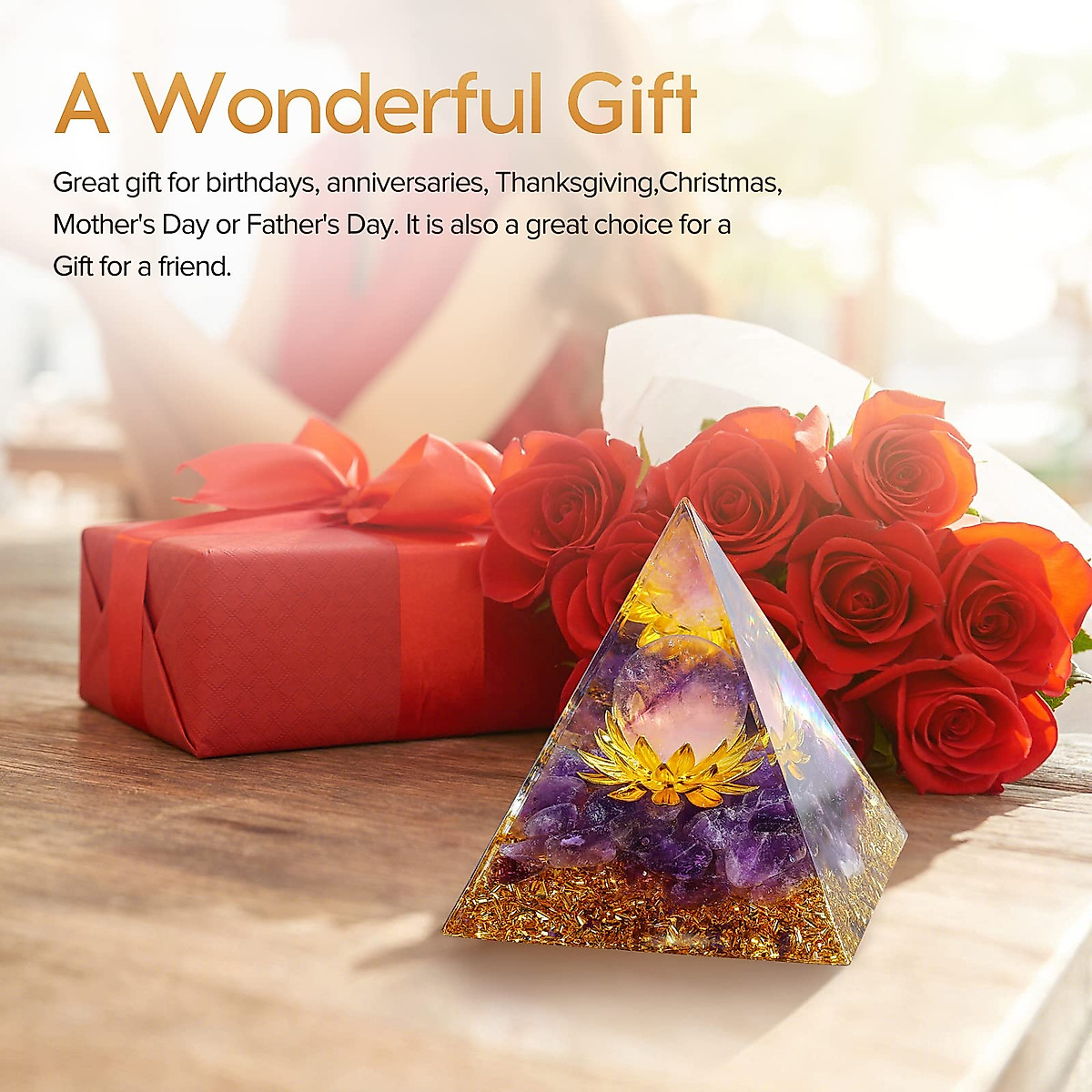 Hopeseed Orgone Crystal Pyramid for Positive Energy, Flower of Life Orgonite Amethyst Healing Crystals Pyramid for Reduce Stress Chakra Healing Meditation Attract Lucky, with 2 White Crystals Stones