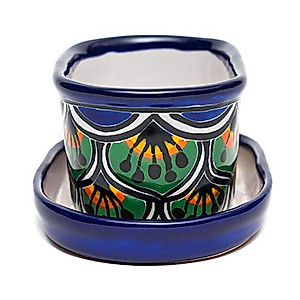 Enchanted Talavera Mexican Talavera Ceramic Succulent Pot Mini Flower Planter Cactus Bonsai Pot W/Drainage & Drip Dish Home Garden Office Desk Décor Gift Set (Peacock)