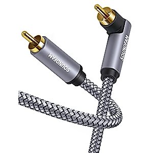 90 Degree RCA Cable SOUNDFAM Subwoofer Cable Right Angle Digital Coaxial RCA Cable Male to Male Vidio Audio Cable Gold-Plated Connectors for Home Theater, HDTV, Home Stereo and DVD- Grey (6.6ft/2m)