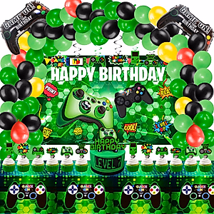 KimaruLZ Video Game Birthday Party Decorations - 108Pcs Green Gamer Gaming Party Supplies For Boys Birthday Party - Birthday Backdrop, Table Cover, Hanging Swirls, Cupcake Topper, Cake Topper, Balloon