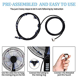 Hotop Fan Misting Kit, Outdoor Fan Misting Cooling System with 6 Brass Mist Nozzles Brass Adapter 19.68 Feet Misting Line 20 Cable Tie for Cooling Patio Garden Greenhouse Breeze Connect to Outdoor Fan