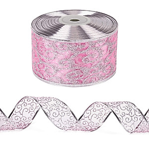 LaRibbons Wired Christmas Holiday Ribbon - Lt.Pink Swirl Sheer Glitter Ribbon - 2.5 inch x 25 Yard Each Roll - Silver Wired Edge