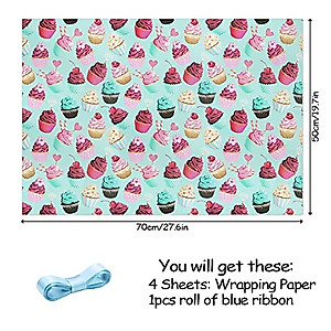 Blue Birthday Wrapping Papers, 4 Sheets Cupcake Muffin Printed Pattern Wrap Papers, 20 x 29 inch Per Sheet Folded Flat with 1 Roll Blue Ribbon for Baby Shower Party Holiday Kids Toddler Boys Gift Wrap